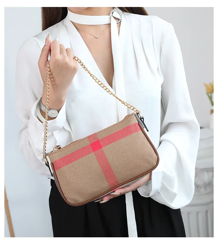 Luxury Small Checkered Canvas Chain Bag with Genuine Leather and Zipper ...
