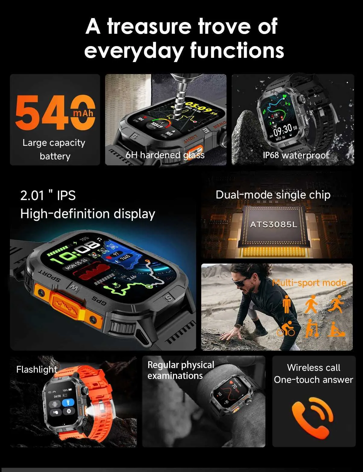 LIGE GPS Military Outdoor Sports Smart Watch Men 201 HD OLED Screen ...