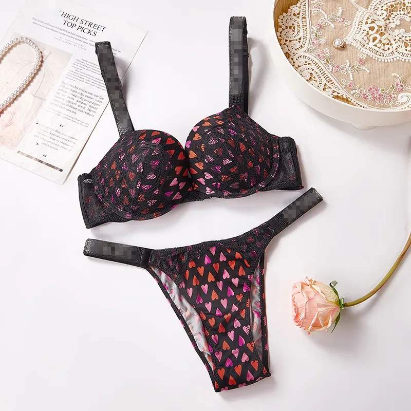 Push Up Bra and Panty Set Lace Embroidery Wire-Free Cotton Blend ...