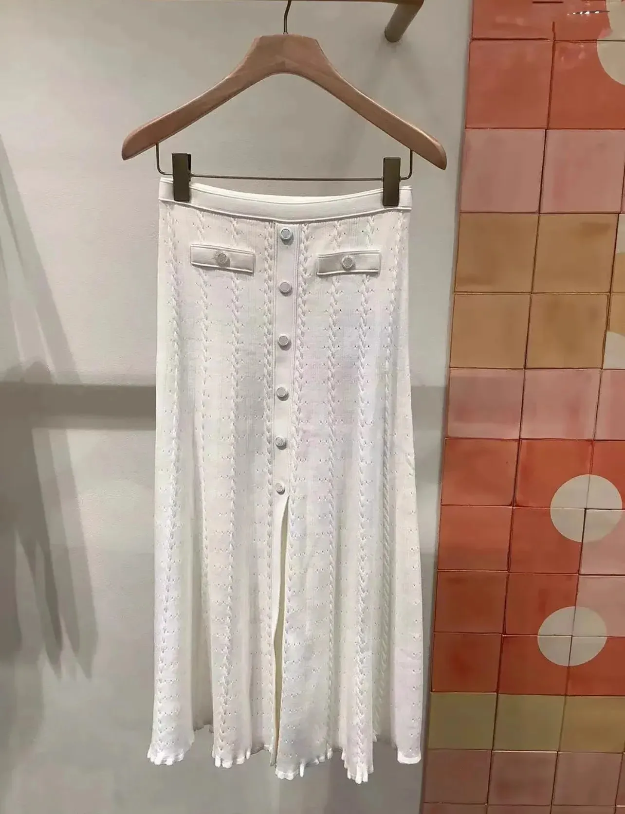 Slit Women Hollow Out Knit Midi Skirt Set with Single Breasted Short ...