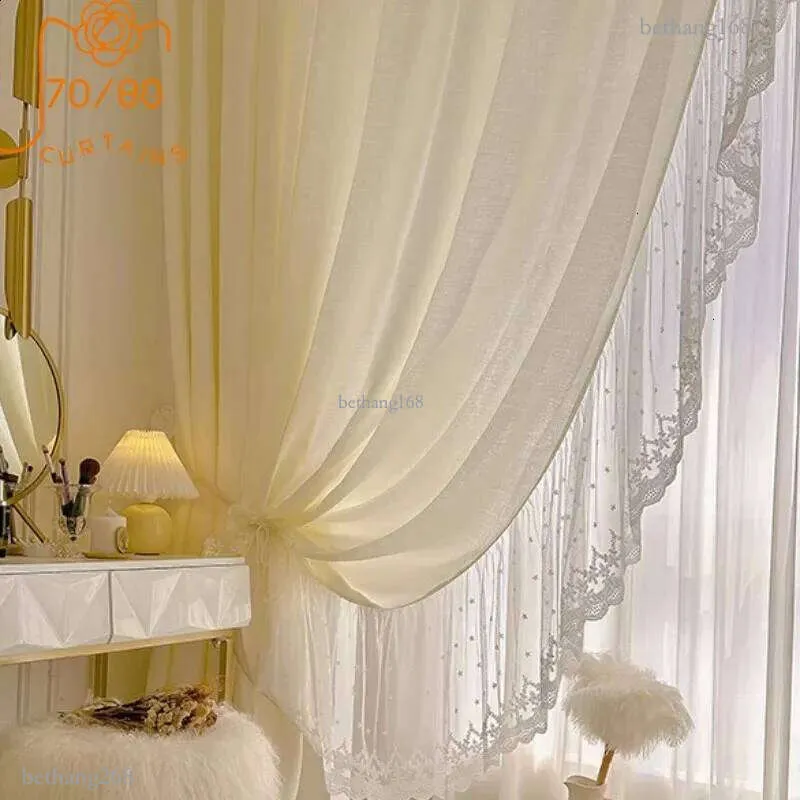 Cream Beige Chiffon Ruffles White Lace Embroidered Blackout Window ...