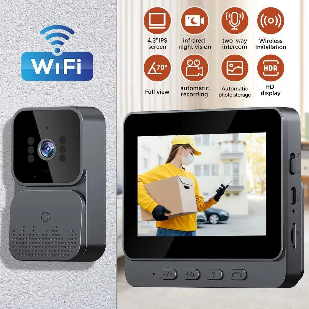 WiFi Wireless Smart Video Doorbell 4.3-Inch Screen Two-way Outdoor ...