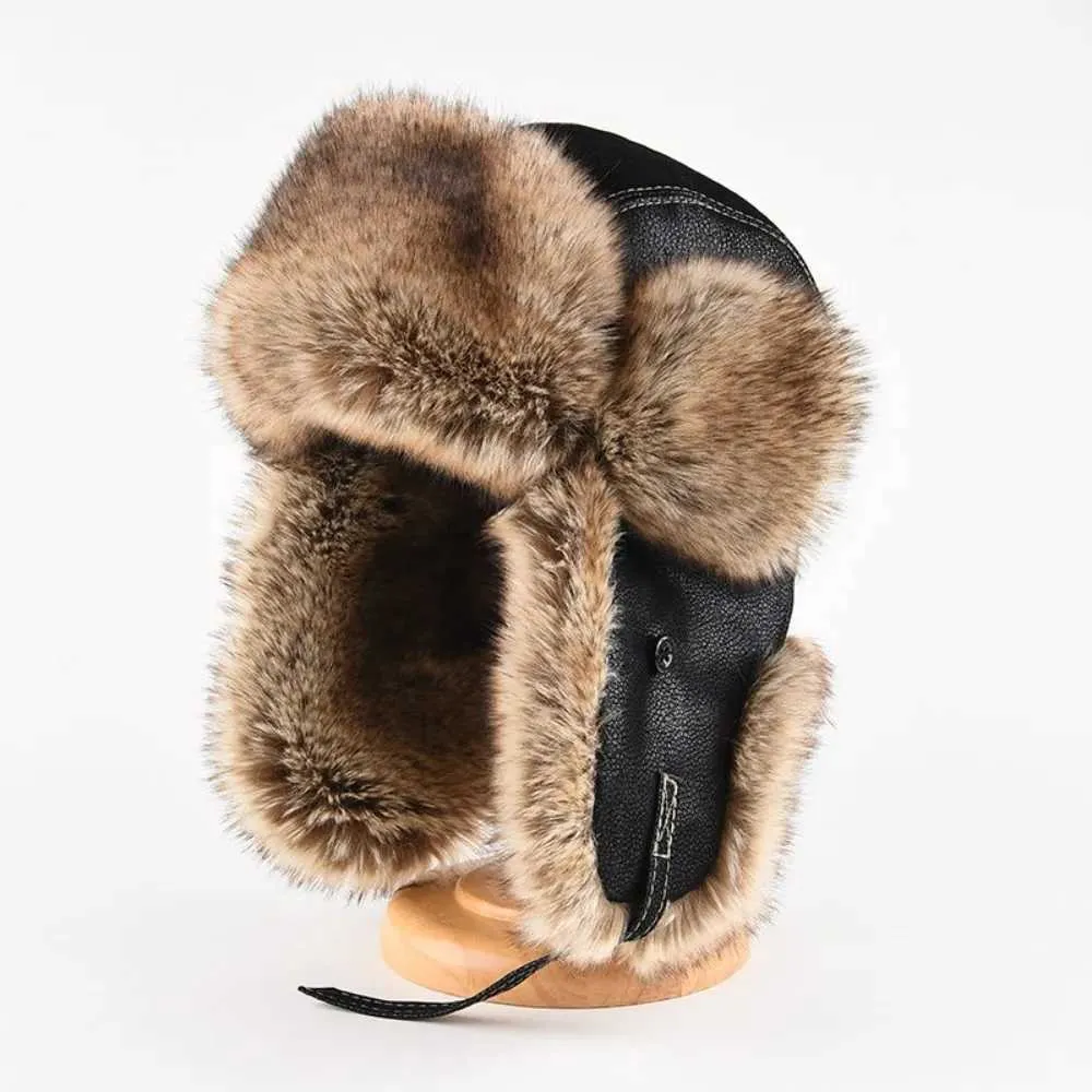 CyclingXJ Mens Leather Lei Feng Hat Thick Plush Ear Warming Windproof ...