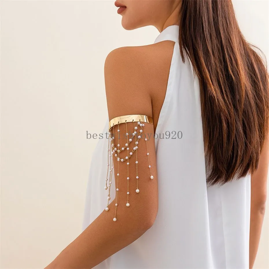 Punk Vintage Imitation Pearl Tassel Link Arm Bracelet for Women Open ...