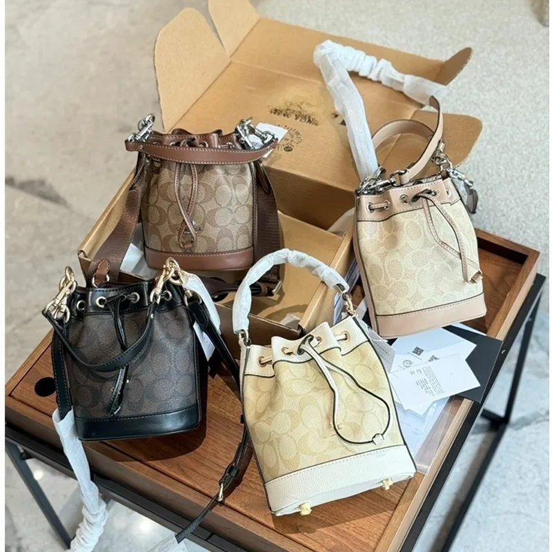 Designer drawstring bucket bag small hard PVC floral pattern handbag ...