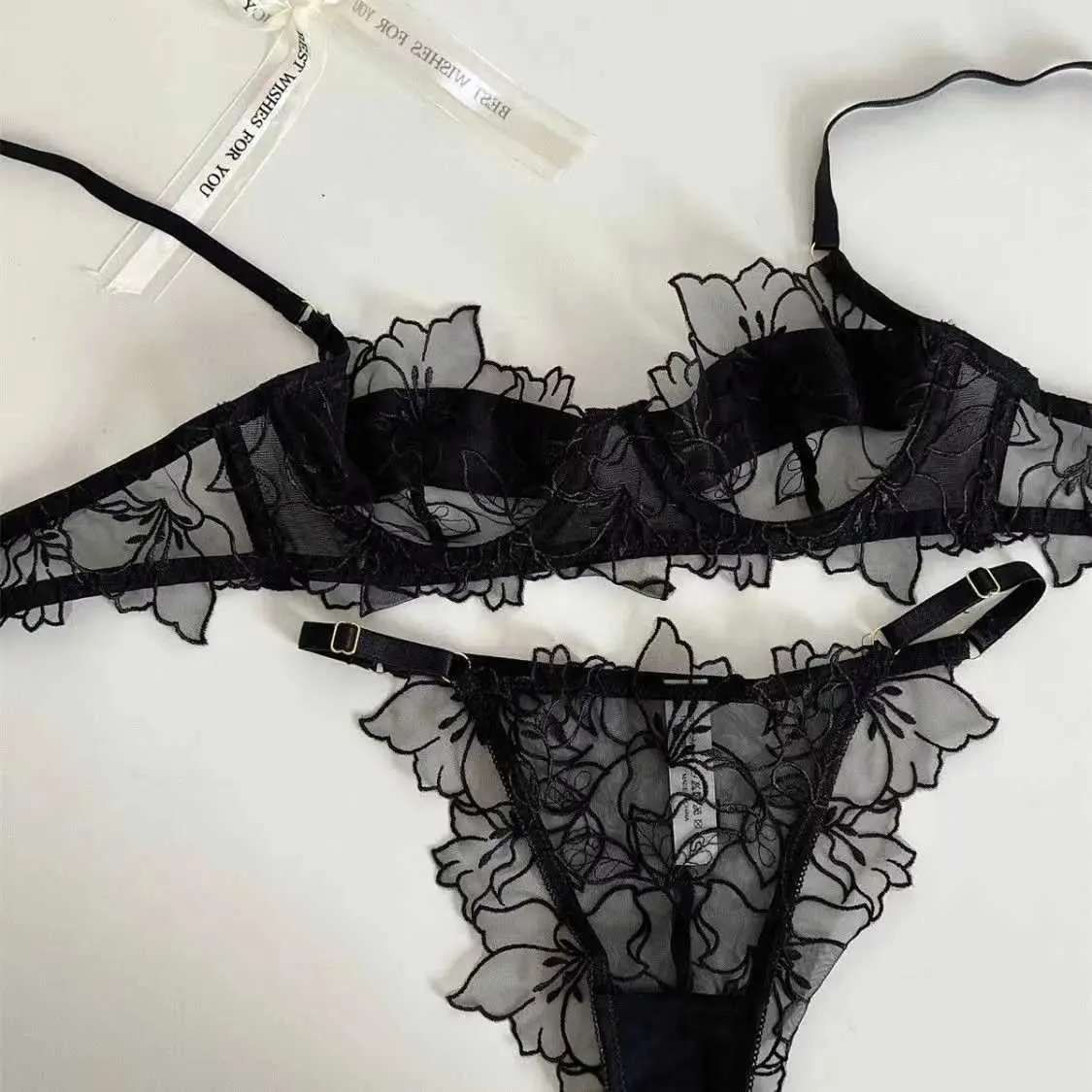 French Lace Bra Plunge Style Ultra-Thin Nylon Knit with Bow and Small ...