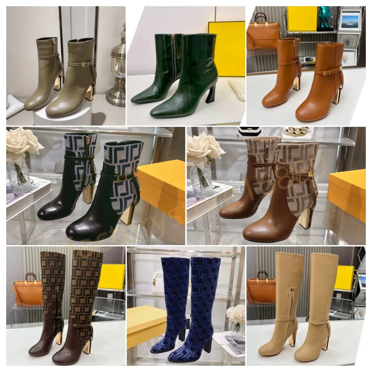 Designer Women's Winter Boots Black Brown Spliced Cowhide FF Fabric Zip ...