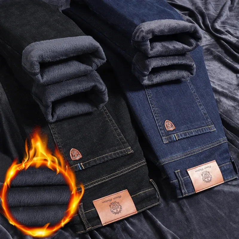 Mens Jeans Warm Thicken Slim Fit Denim Pants Business Casual Elastic ...