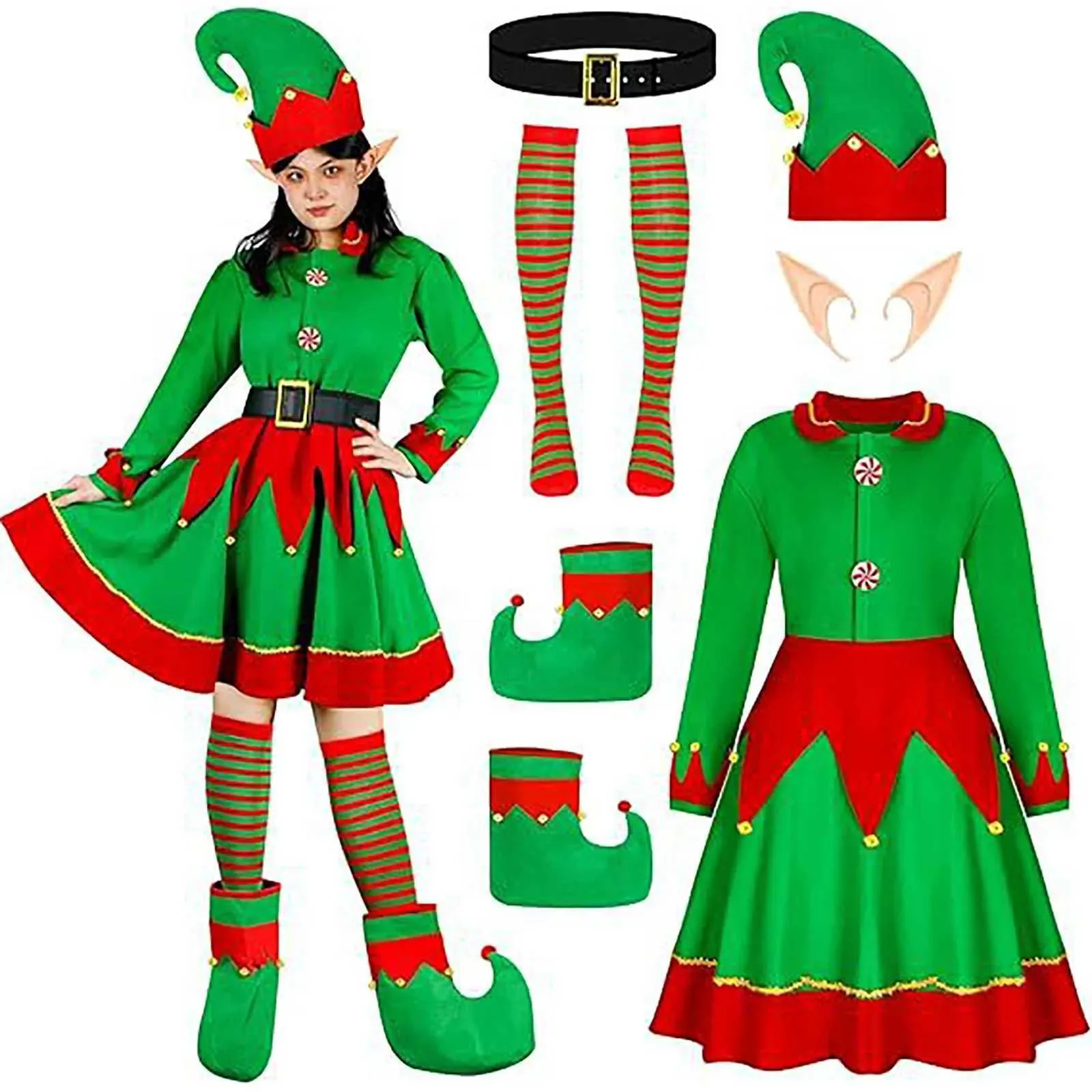 Christmas Elf Cheerleader Roleplay Outfit Set With Santa Helper, Hat ...