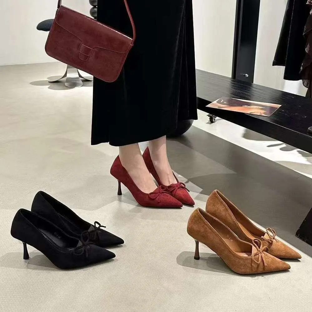 2025 Autumn Suede Evening Bow Pointed Toe Women's Stiletto Shoes for ...
