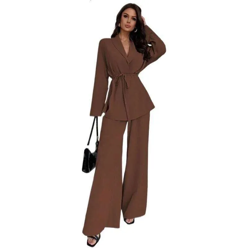 Ladies polyester pant suit with wide leg pants and long sleeves for ...