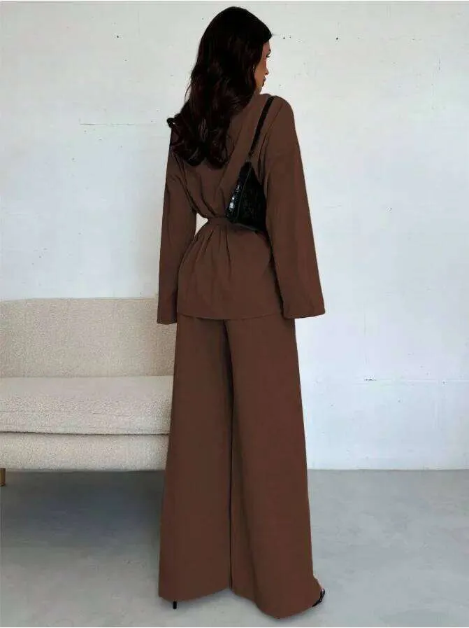 Ladies polyester pant suit with wide leg pants and long sleeves for ...