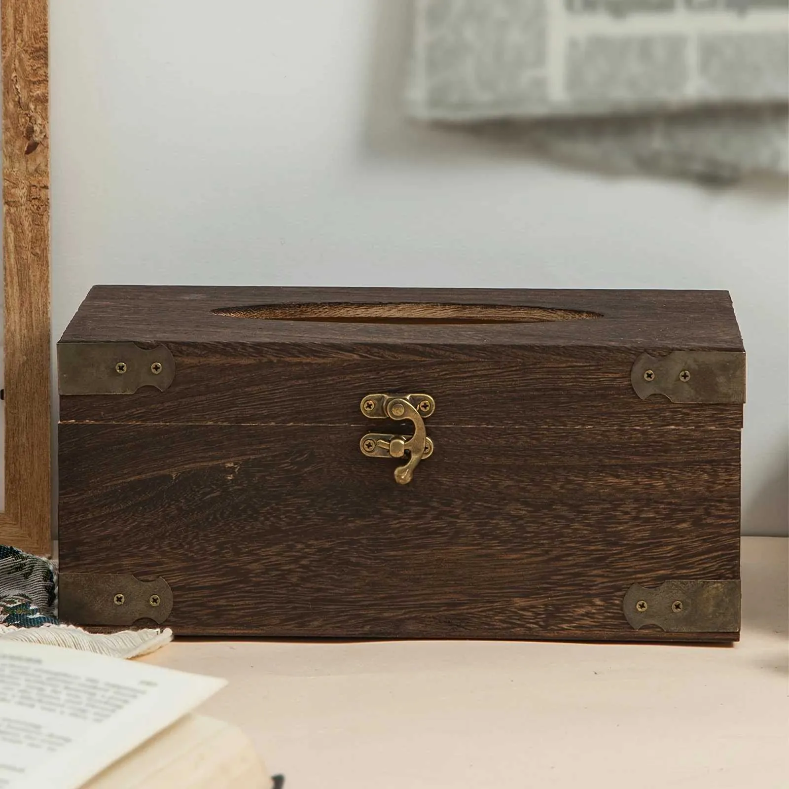 Solid Wooden Tissue Box Holder with Vintage Metal Lock and Plastic ...