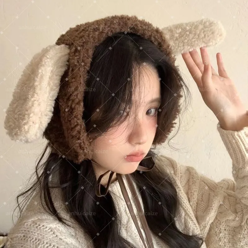 Plush Rabbit Ear Knitted Woolen Hat with Padded Ear Covers for Autumn ...