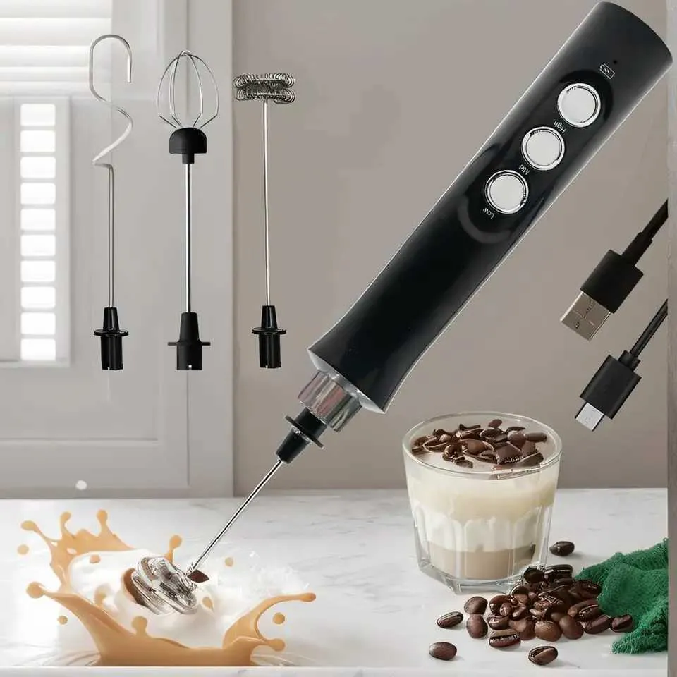 Wireless Rechargeable Electric Milk Frother with 3 Speeds, Silicone ...