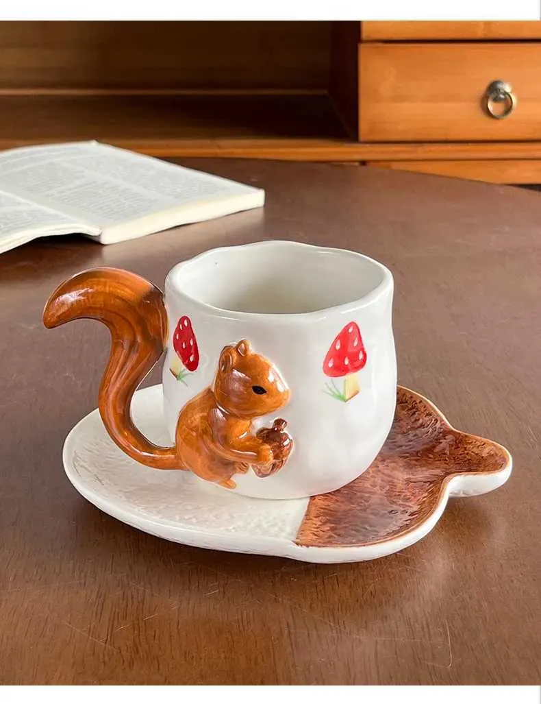 Squirrel Maple Leaf Relief Porcelain Coffee Mug with Saucer Bone China ...