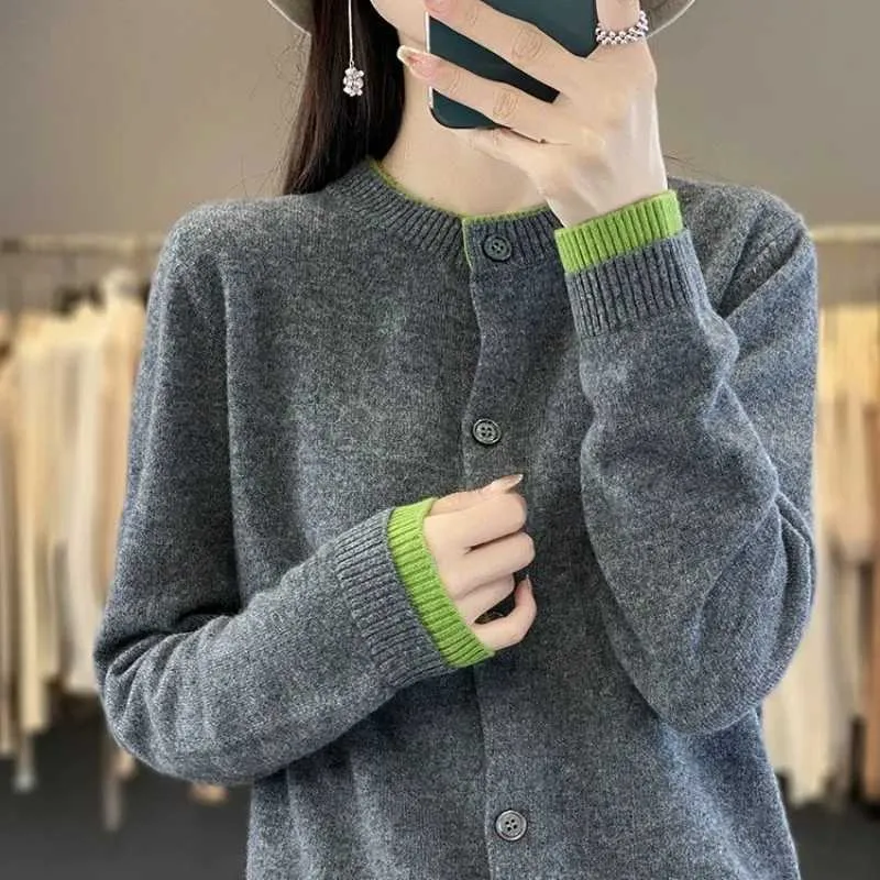 Womens Knitted Cardigan Sweater Acetate Full Opening O-neck Long Sleeve Single Breasted Autumn ...