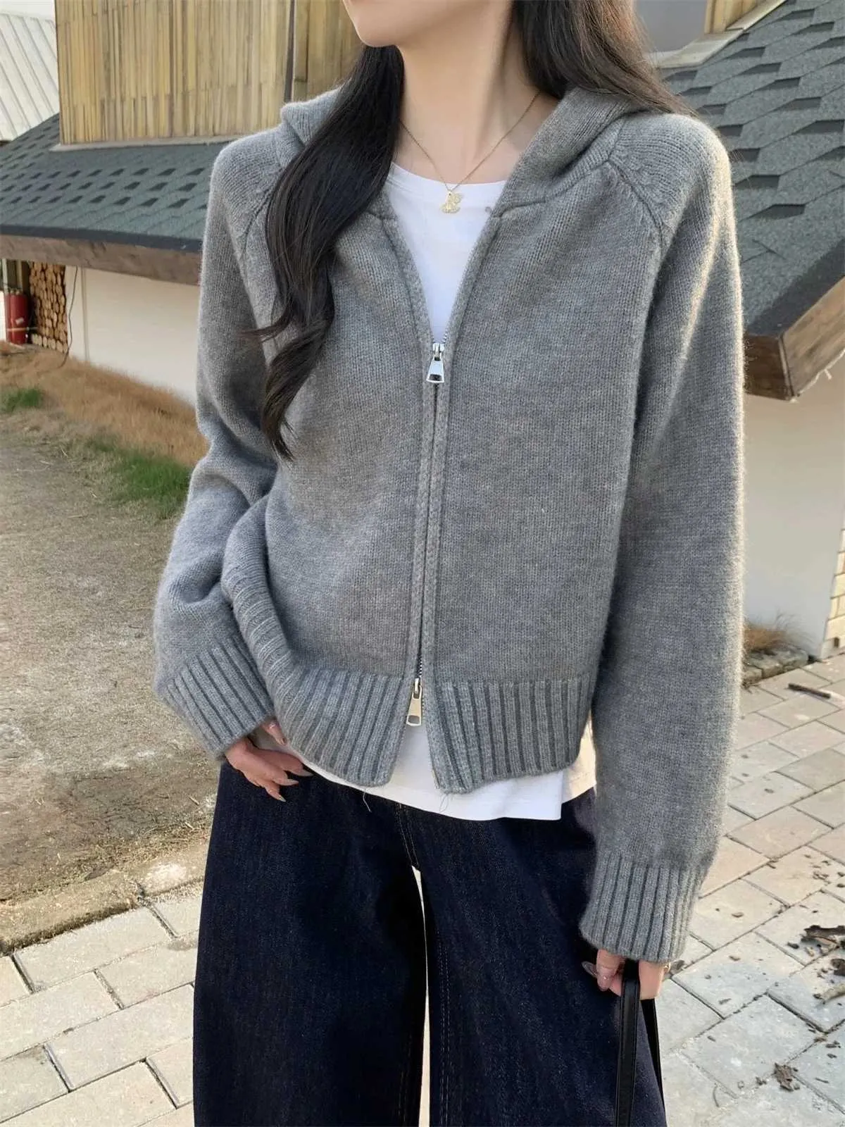 Womens Long Cardigan Coats Solid Color Knit Acetate Full Opening Double Zipper Hooded Sweater ...