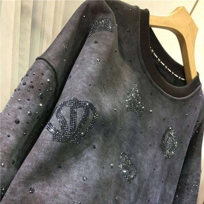 Diamond Crown Fleece Pullover Hoodie Women Long Cotton Blend Button ...