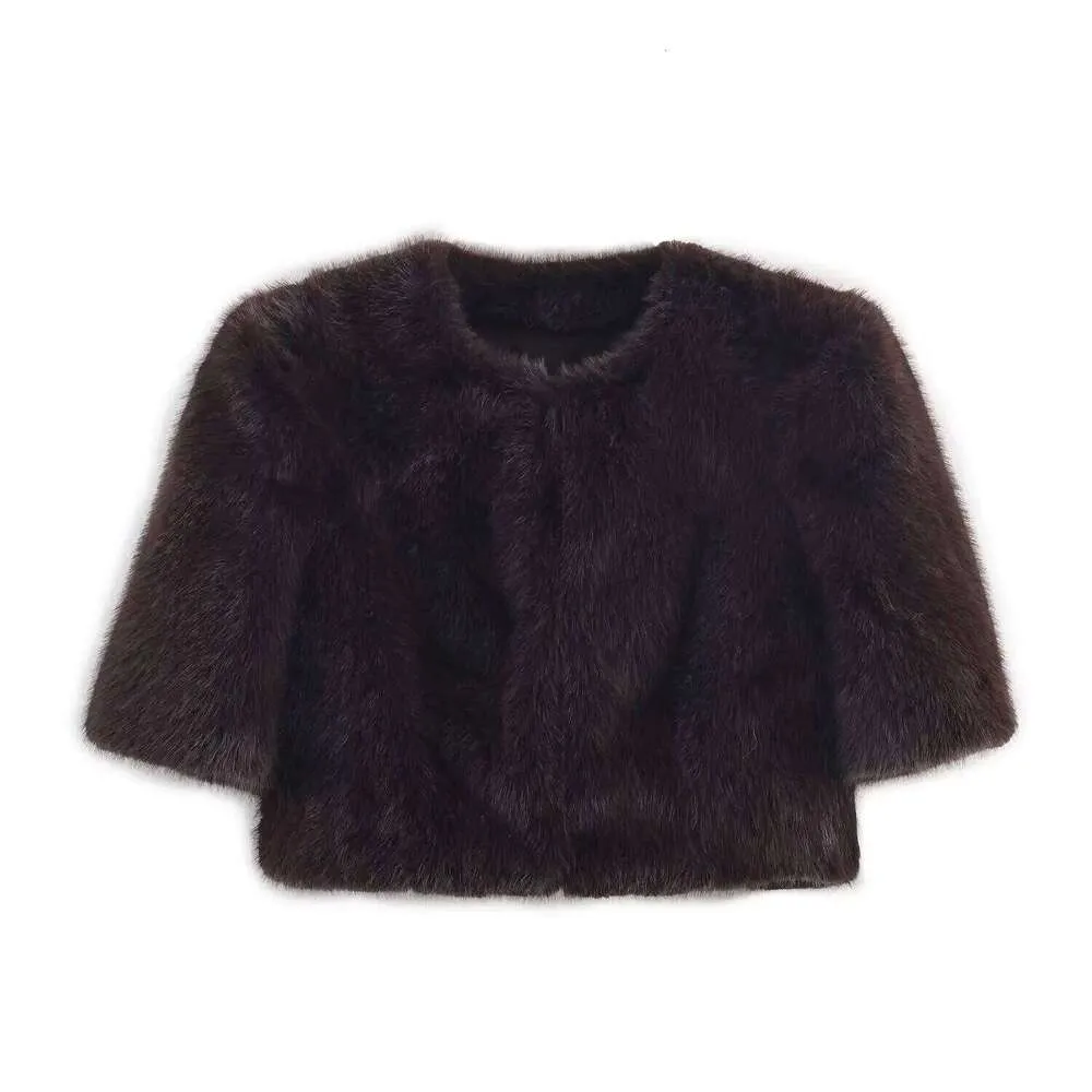 Faux fur coat for women short sleeve autumn outerwear with cashmere ...