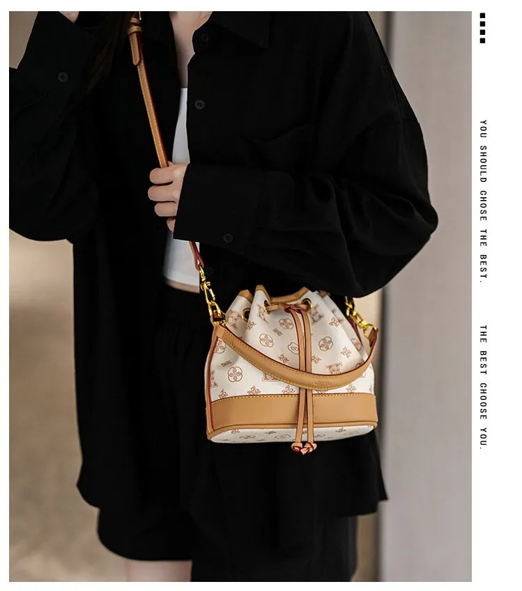 Small PU crossbody bucket handbag for women with string closure and ...