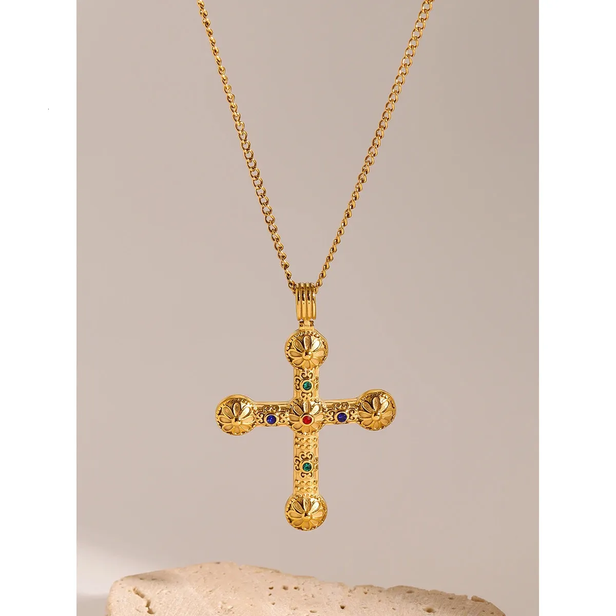Cubic Zirconia Cross Pendant Necklace Gold Plated Alloy Waterproof ...