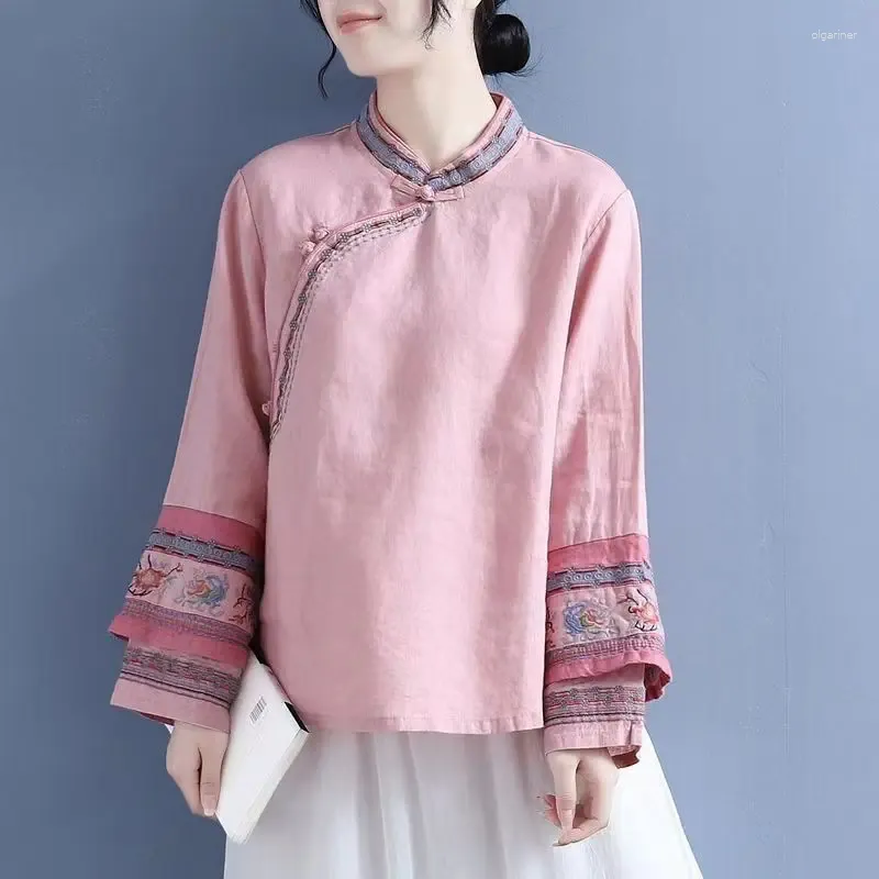Ethnic Clothing Embroidered Long Sleeve Blouse Women Mandarin Collar ...