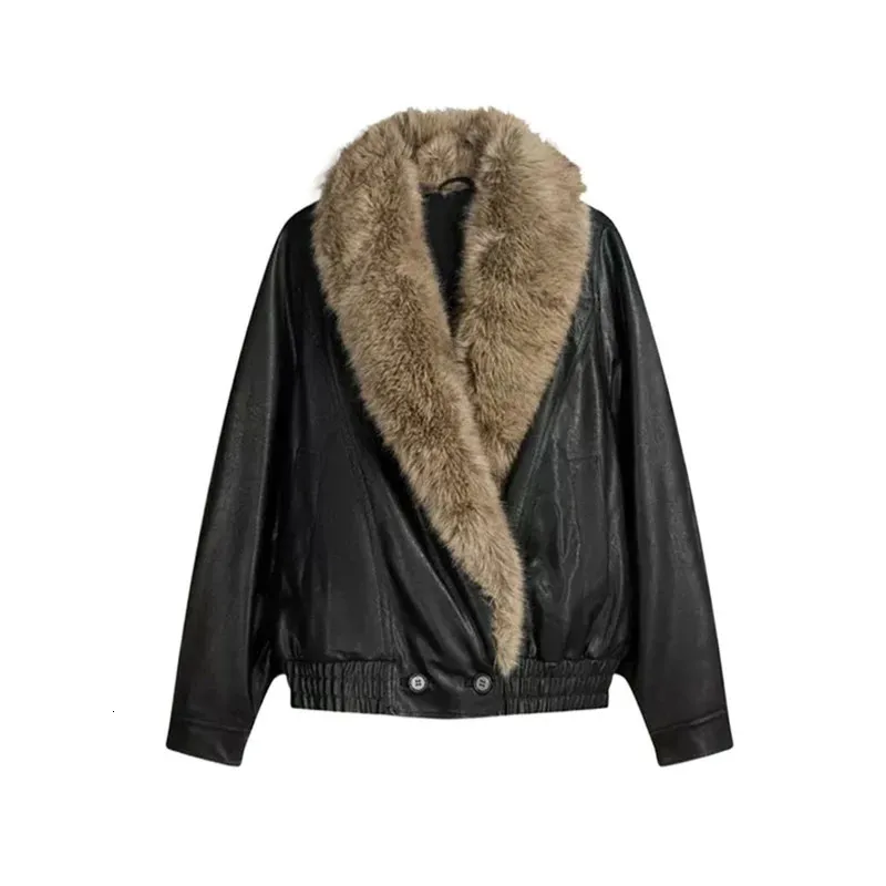 Women's Fur Collar PU Leather Jacket with White Duck Down Filling ...