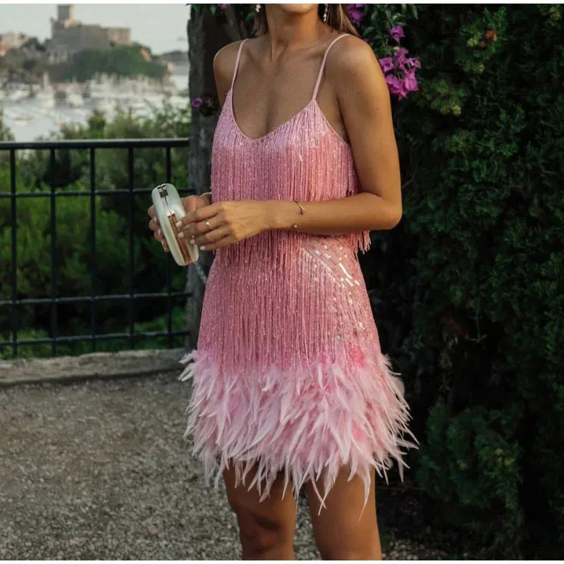 2025 Sexy Tassel Sequins Feather Mini Dress Women Spaghetti Strap ...