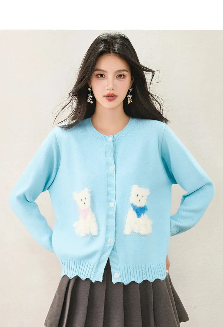 Simple Pockets Slim Knitted Cardigan Woman O-Neck Long Sleeve Acetate ...