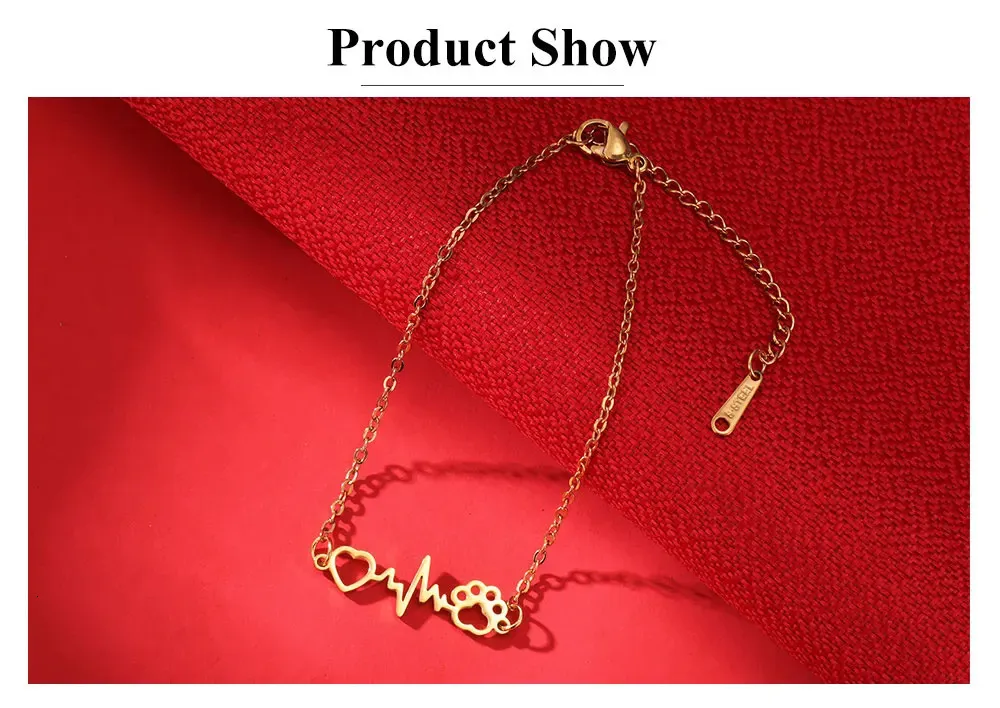 Cazador Heartbeat Cat Dog Paw Footprint Heart Charm Bracelet for Women ...