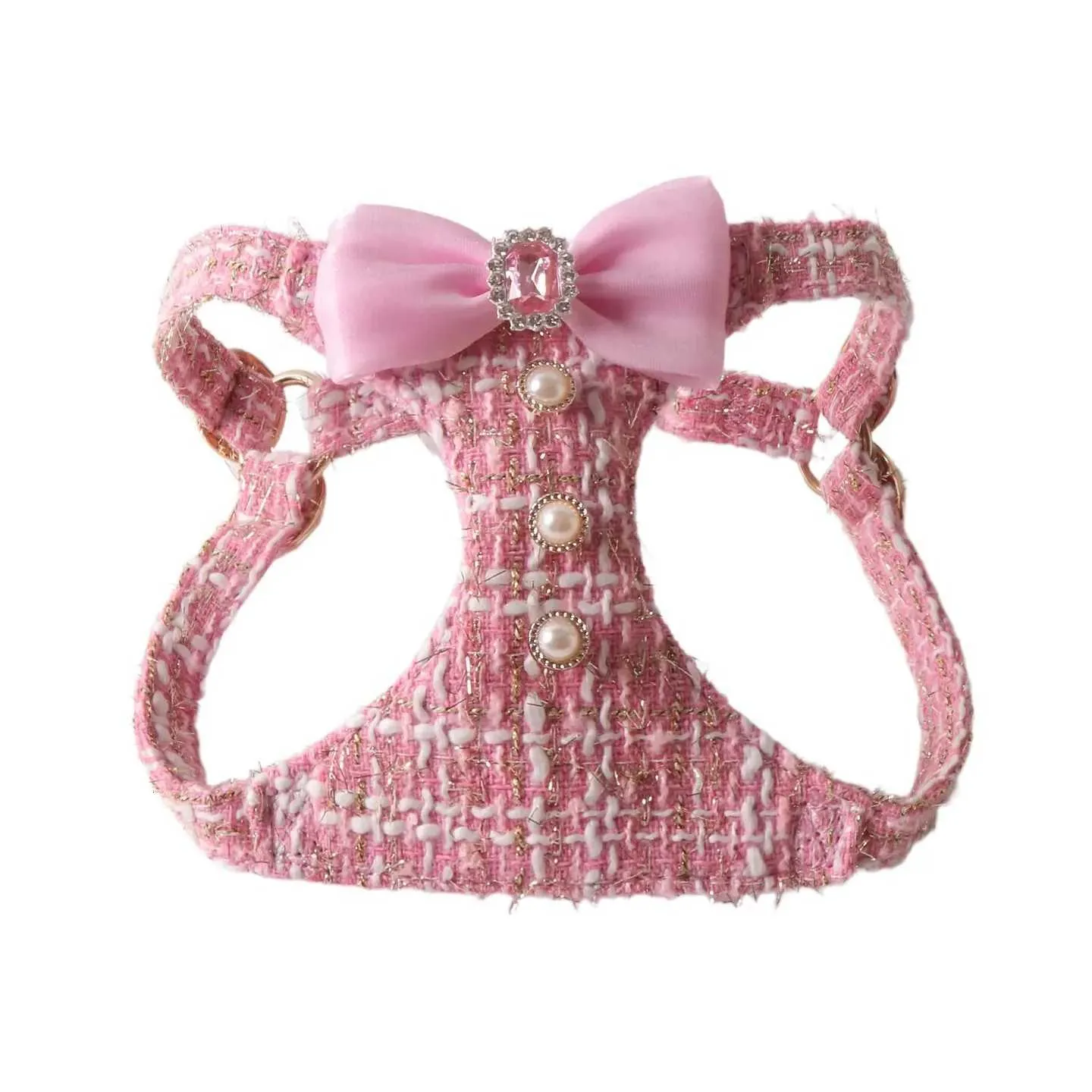 Adjustable Bow Button Dog Harness Set with Dual Hook Chain Leads Leash ...