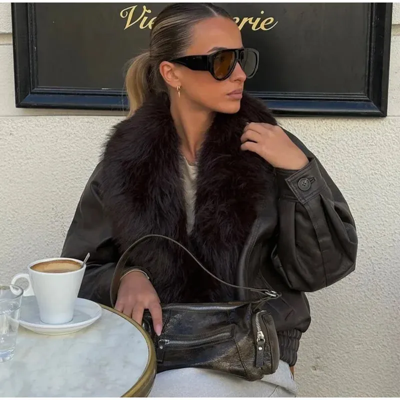Women's Fur Collar PU Leather Jacket with White Duck Down Filling ...
