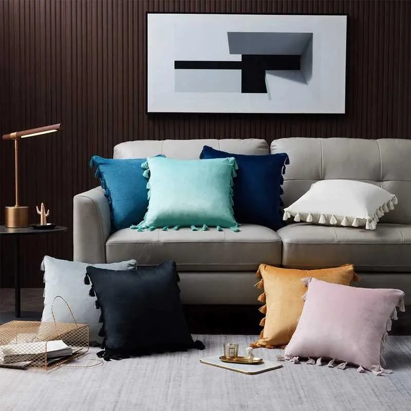 Velvet Soft Solid Decorative Throw Pillow Cover with Tassels Boho ...