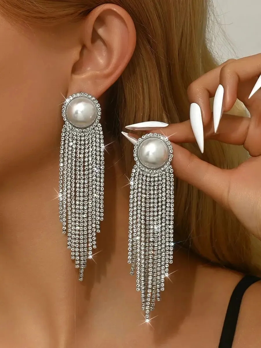 Long Pearl Charm Gold Tassel Earrings for Bridal Wedding Beach Occasion ...