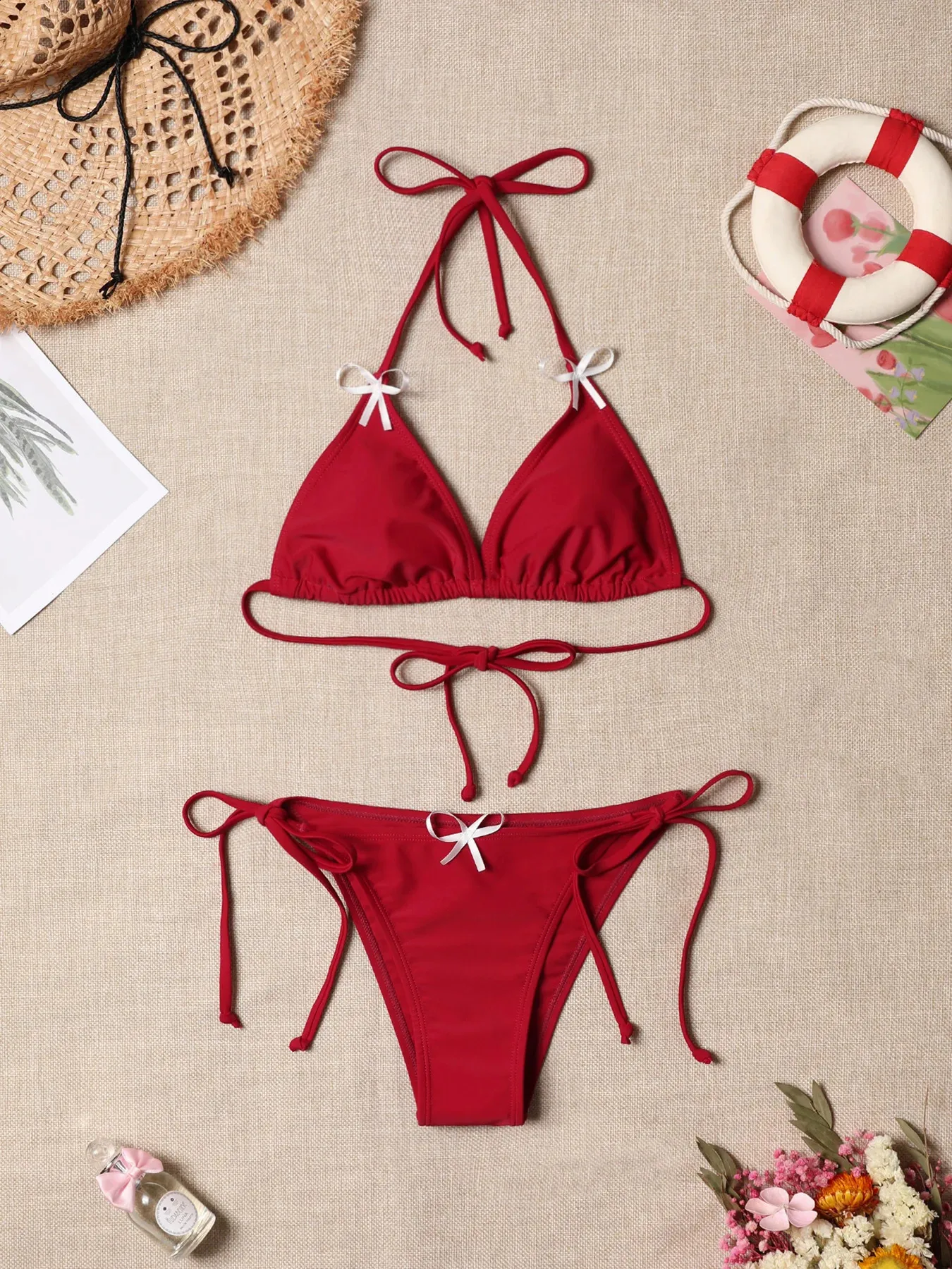 Sexy Solid Triangle Tie Cheap Thong Bikini Sets With Padded Bra Perfect ...