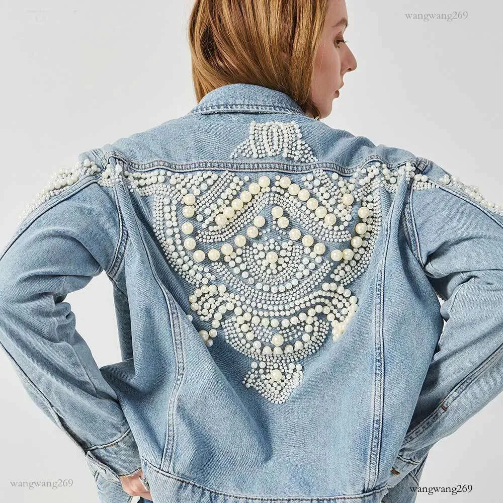 Pearls Embellished Denim Jackets For Women Light Blue Vintage Bead ...