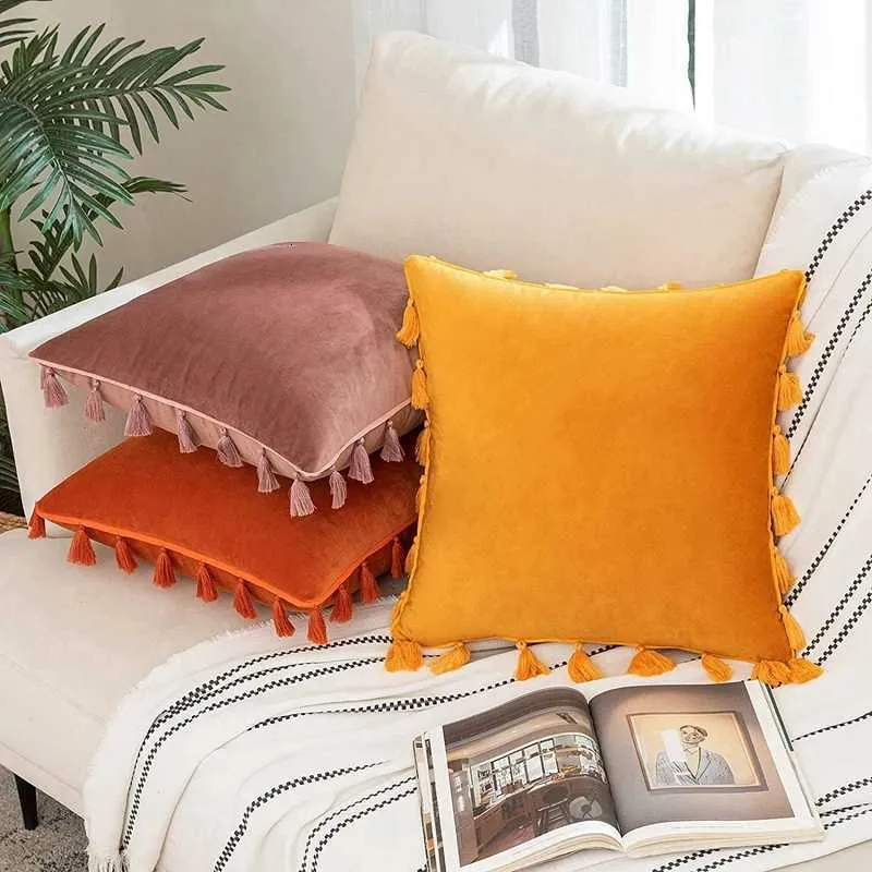 Velvet Soft Solid Decorative Throw Pillow Cover with Tassels Boho ...