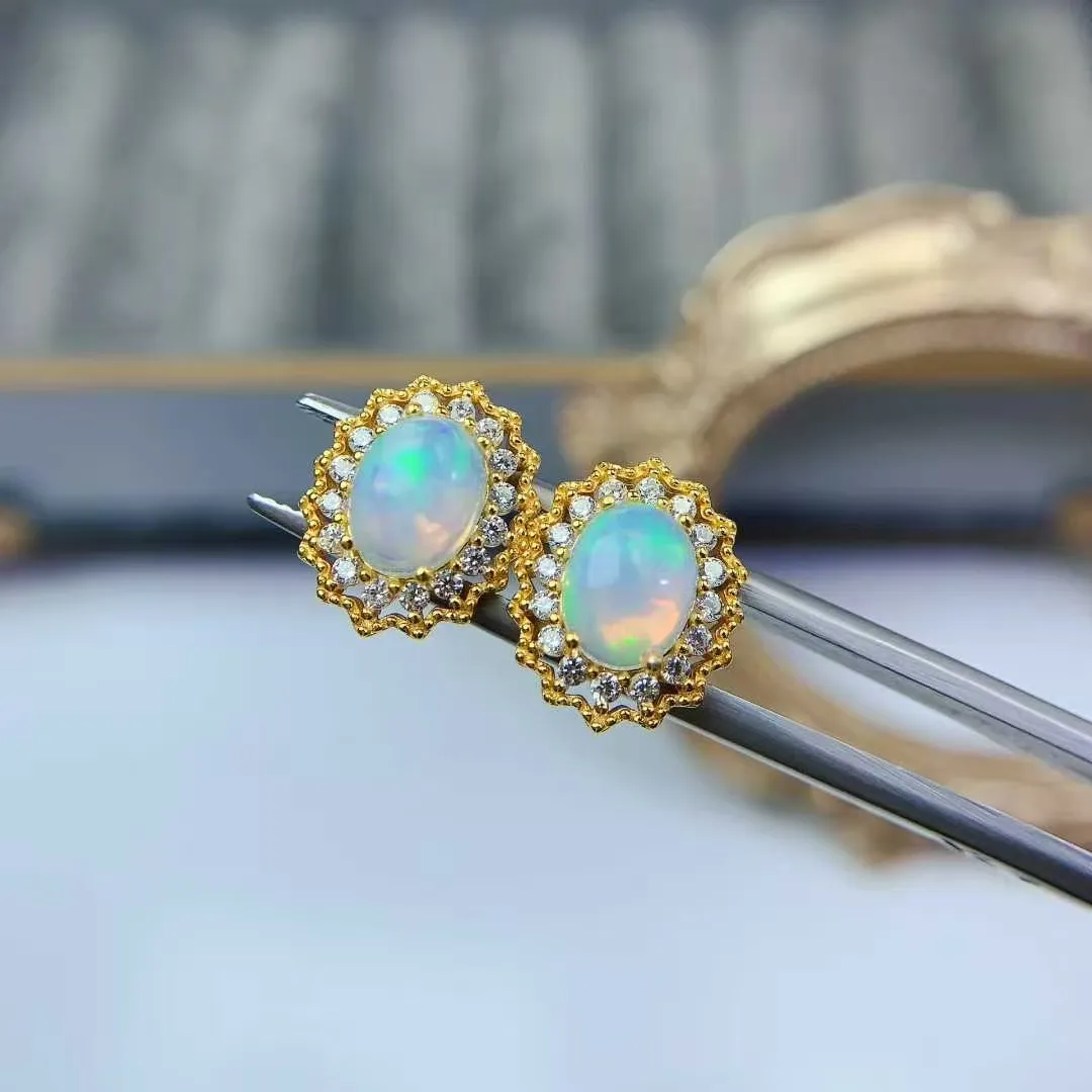 Natural white opal earrings 925 sterling silver stud earrings 6mm × 8mm ...