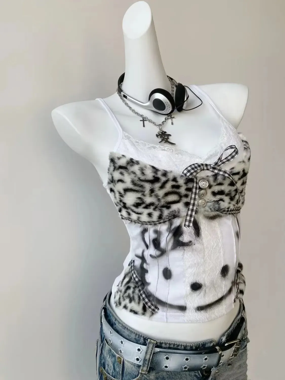 Vintage halter tank top acetate leopard patchwork kitten print slim fit ...