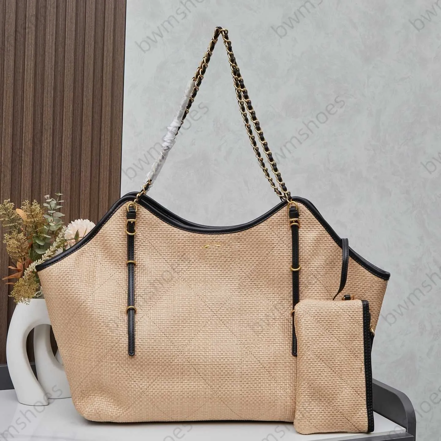 Straw Bucket Tote Bag with Chain Handle Large Capacity Half Moon ...