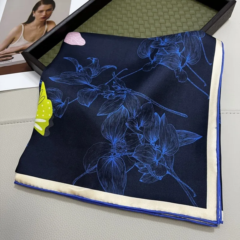 Women's square silk scarf 43 in 110 cm blue floral embellished letter ...