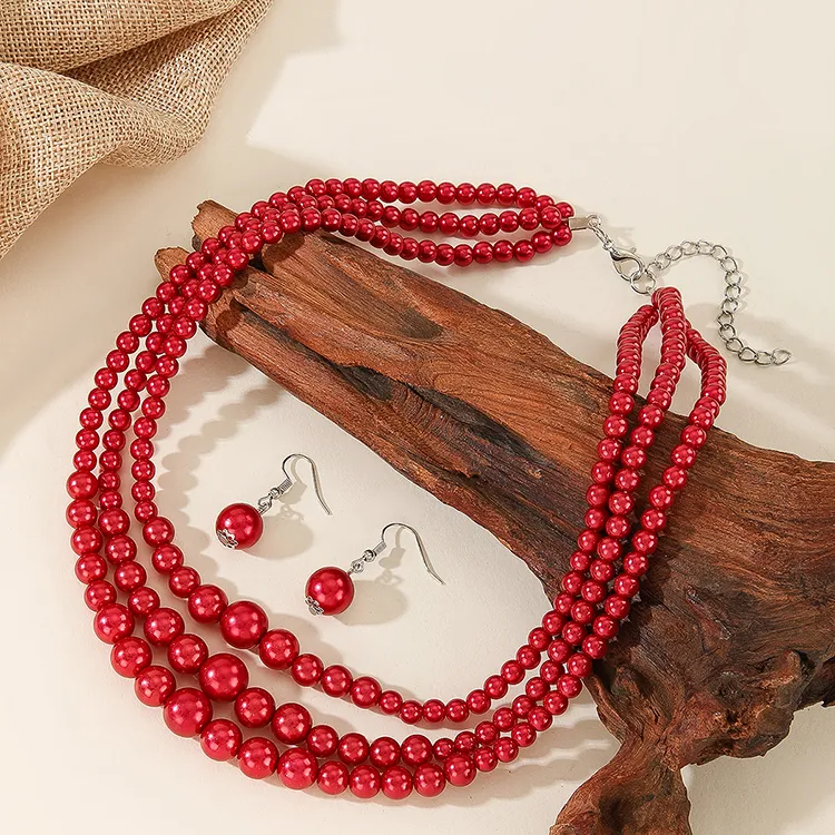 Red Pearl Multi-Layer Necklace and Earring Set for Women Two-Piece ...