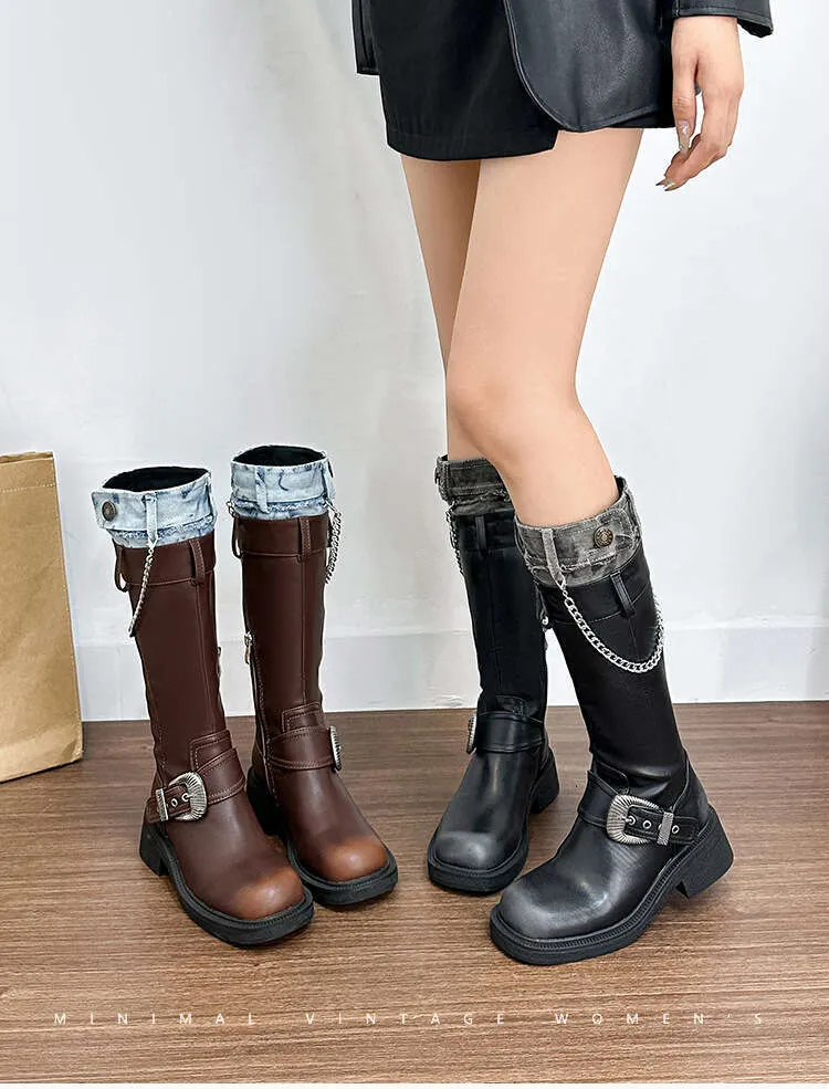 Brown women's medium-width western cowboy thigh-high boots with elastic ...