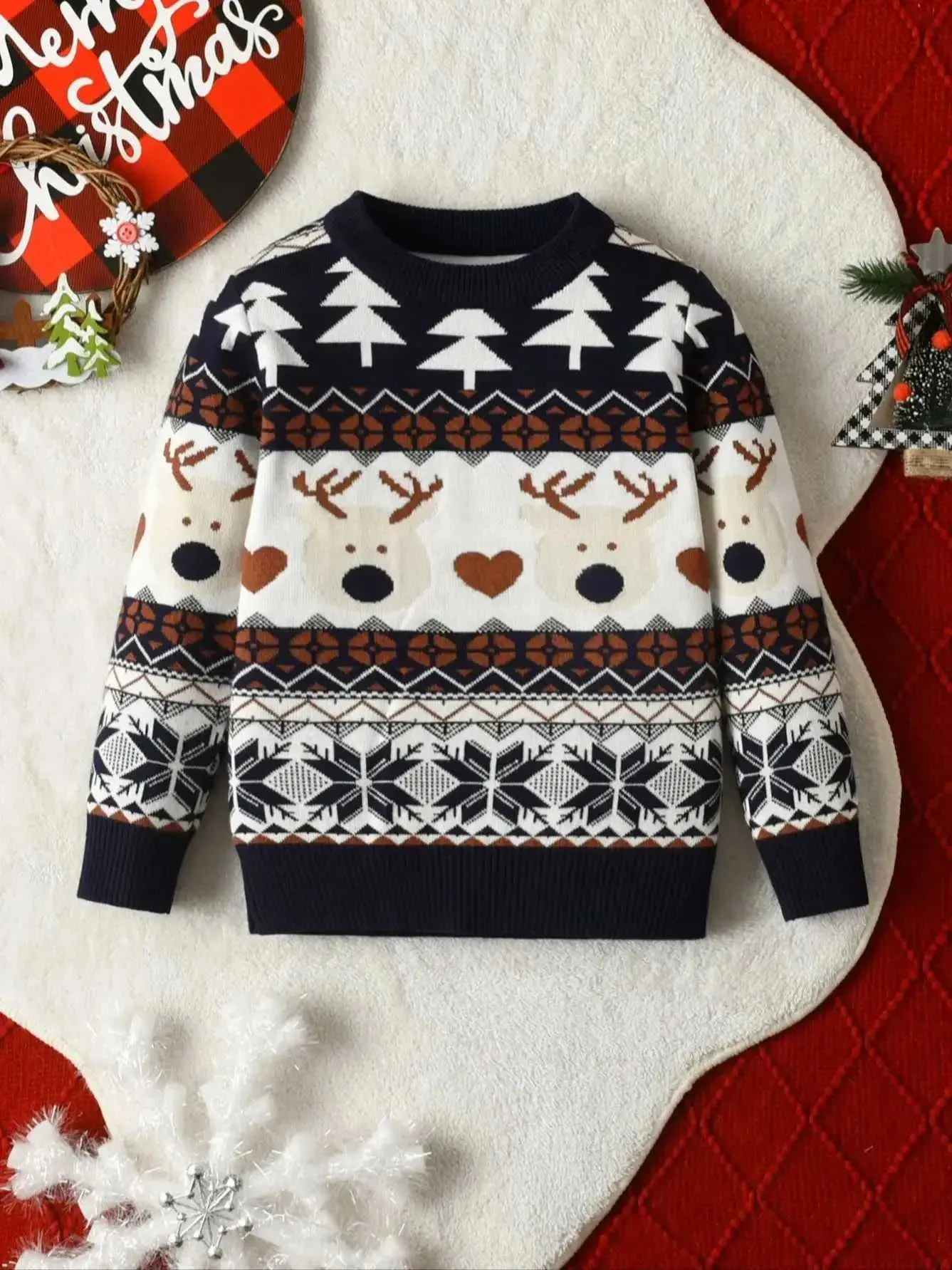 Boys Christmas Tree Elk Cartoon Hoodie Sweater Long Sleeve V-Neck ...