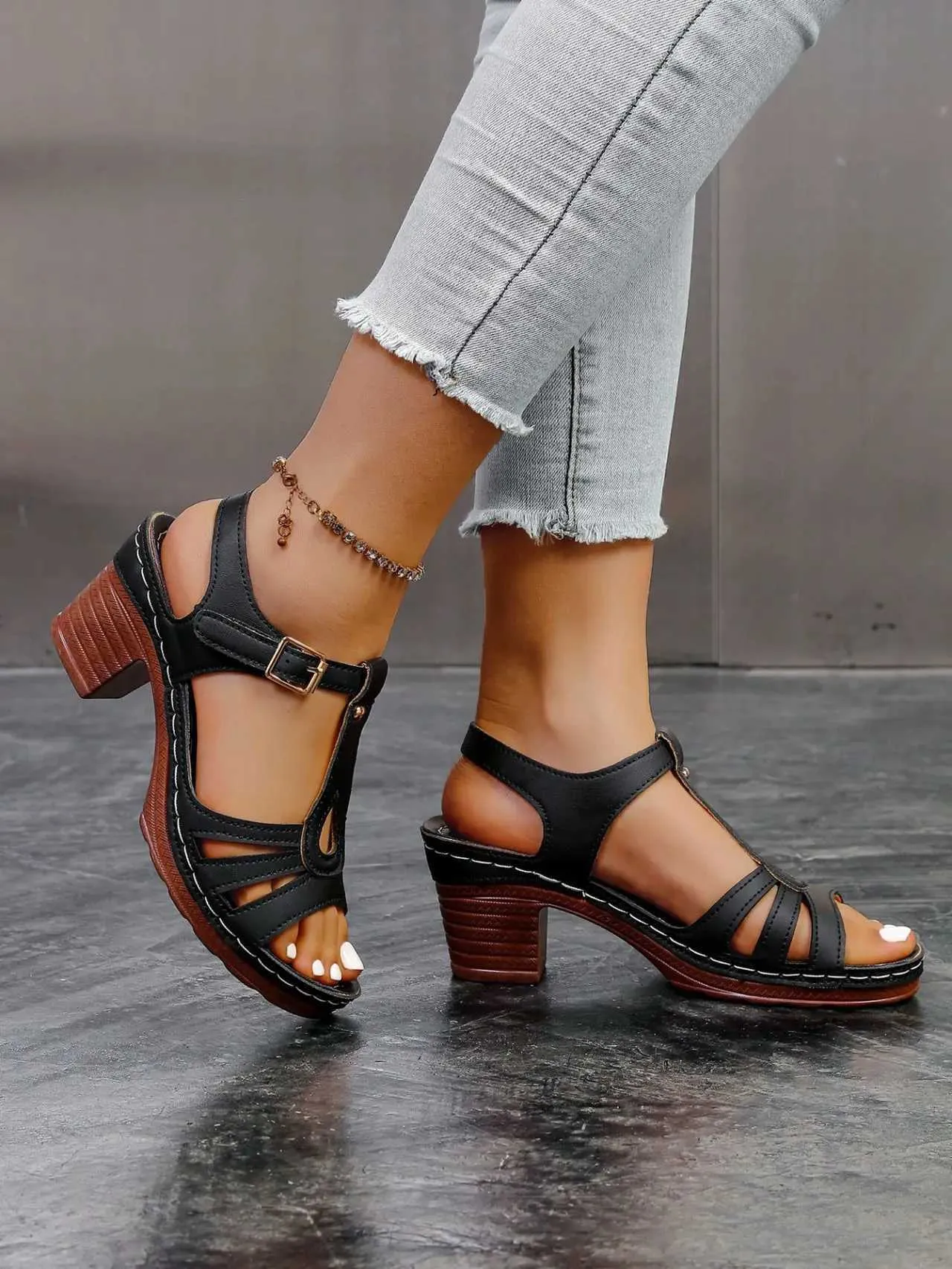 Size 43 Womens Gladiator Sandals with Spool Heel and Wood Outsole ...