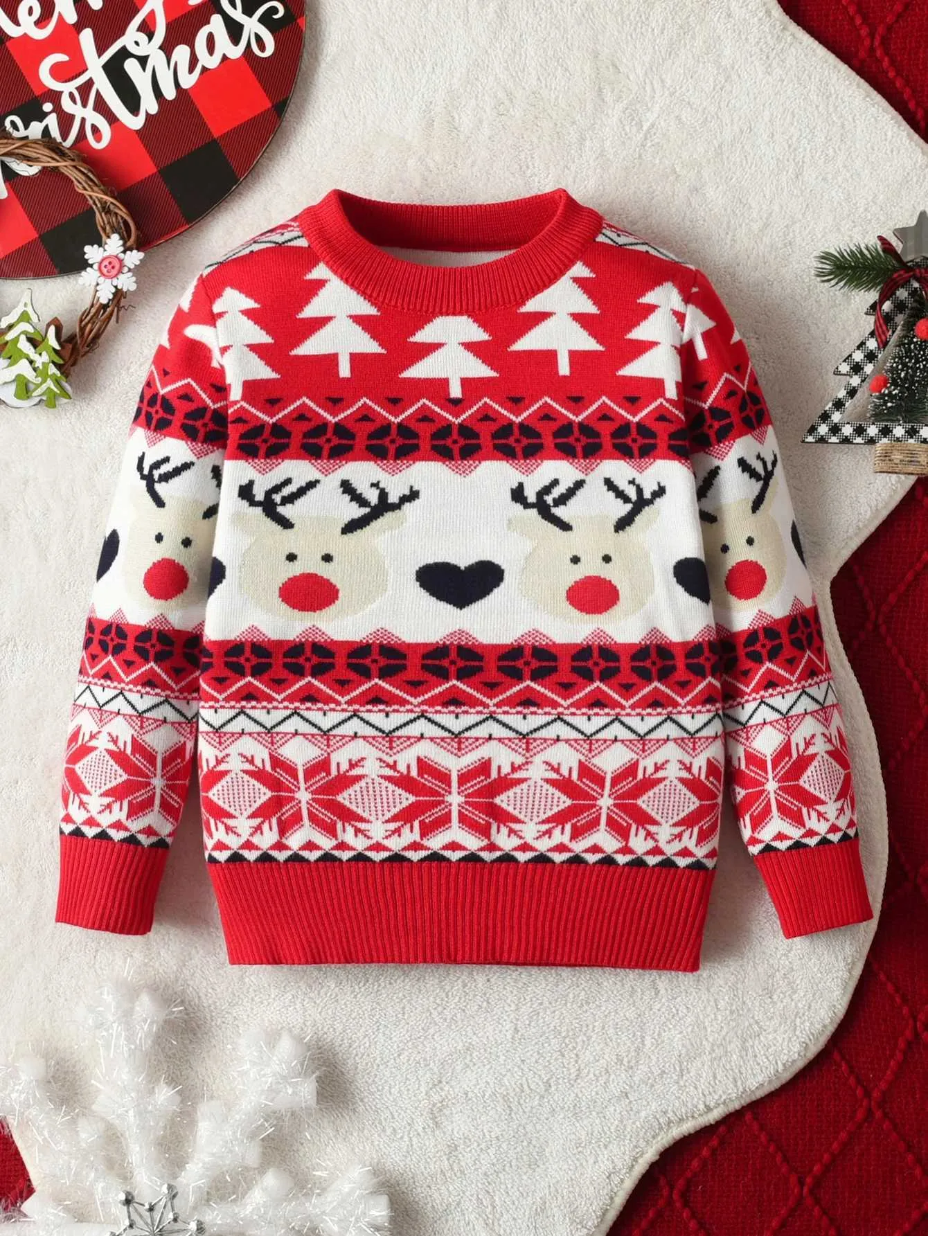 Boys Christmas Tree Elk Cartoon Hoodie Sweater Long Sleeve V-Neck ...