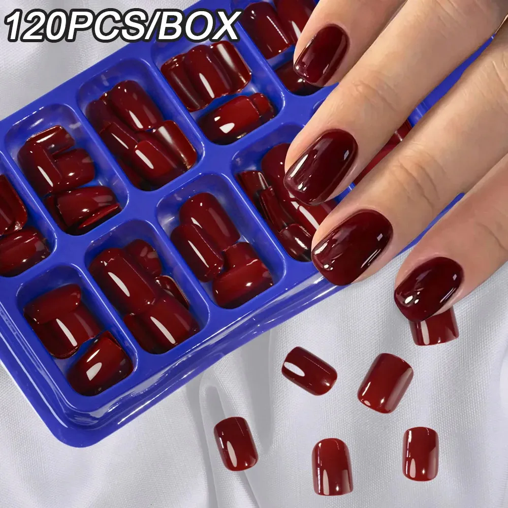 Cherry Red Press On Nails Short Square Acrylic Fake Detachable Full ...
