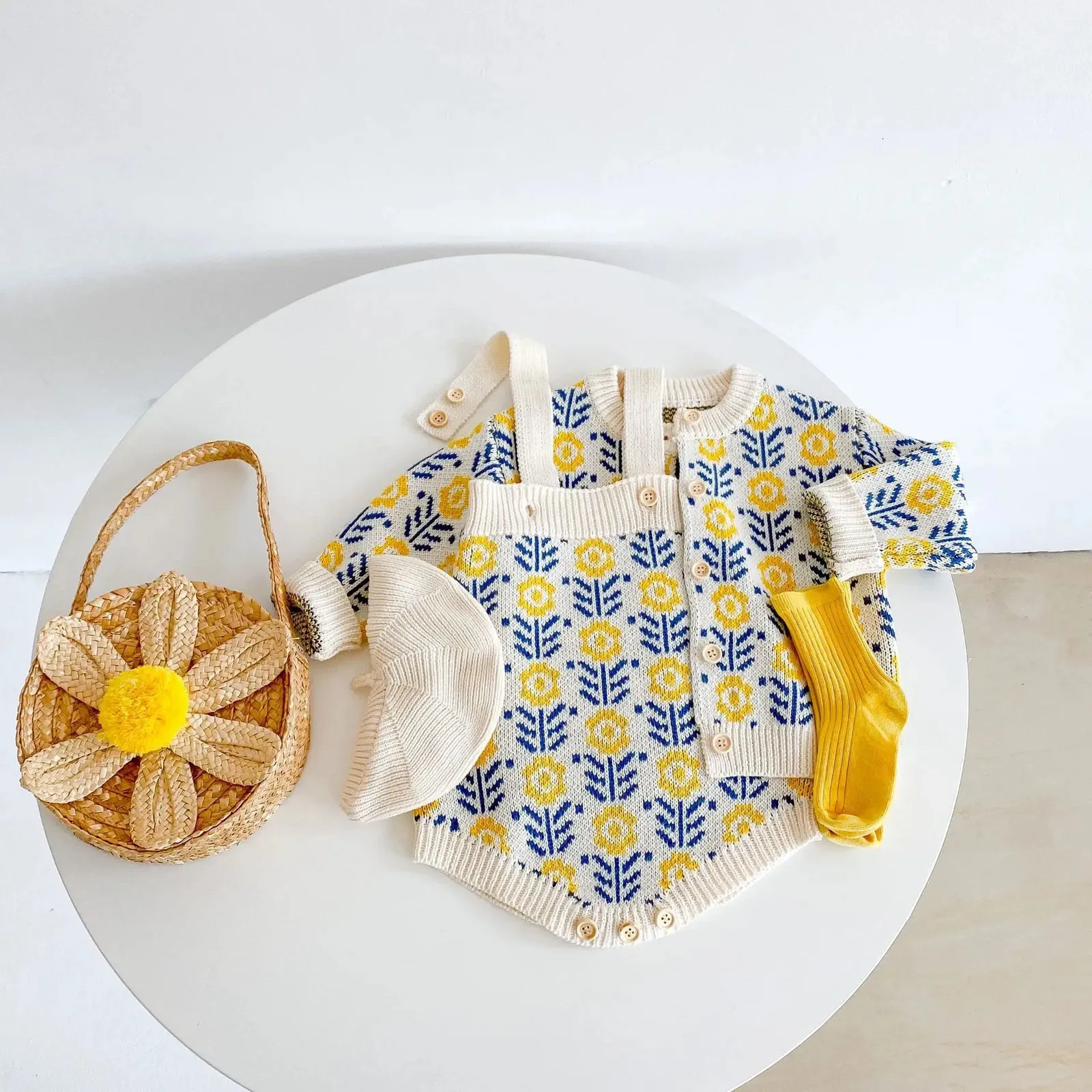 Spring baby girls clothing set knitted down cardigan and jumpsuit with ...