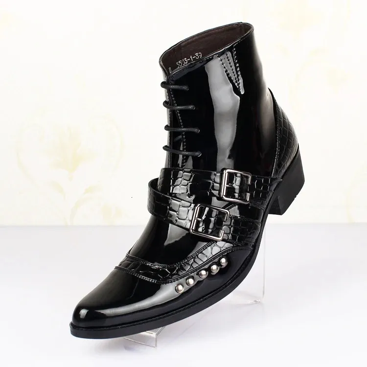 Pointed Toe Men Black Ankle Boots PU Leather Wedge Heel Half Boots for ...